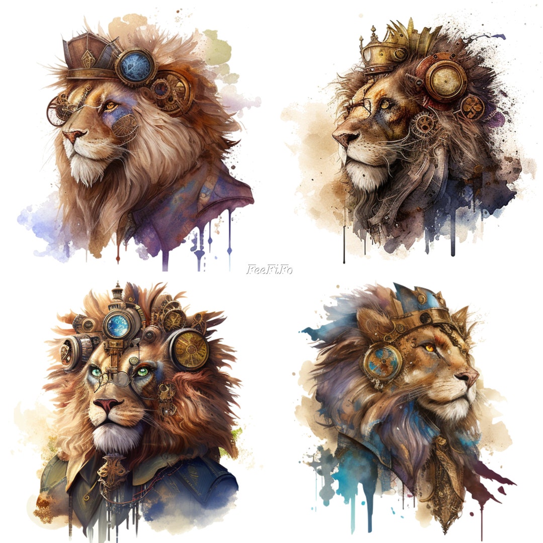 Watercolor Steampunk Lion, Steampunk Lion Clipart, Watercolor Lion ...