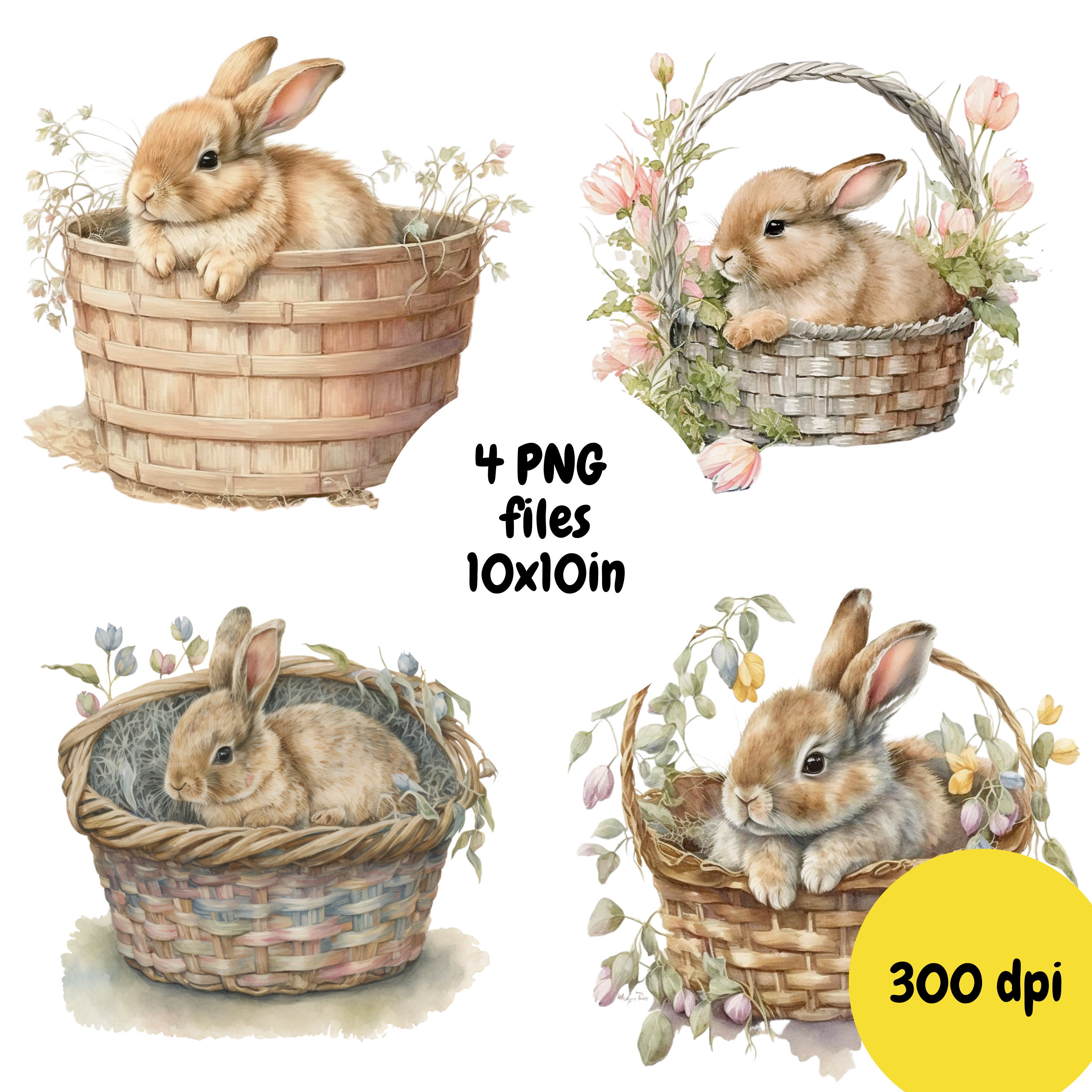 Easter Bunny in Basket Clipart Watercolor Bunny in Basket - Etsy