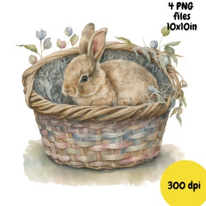 Easter Bunny in Basket Clipart, Watercolor Bunny in Basket, Digital ...