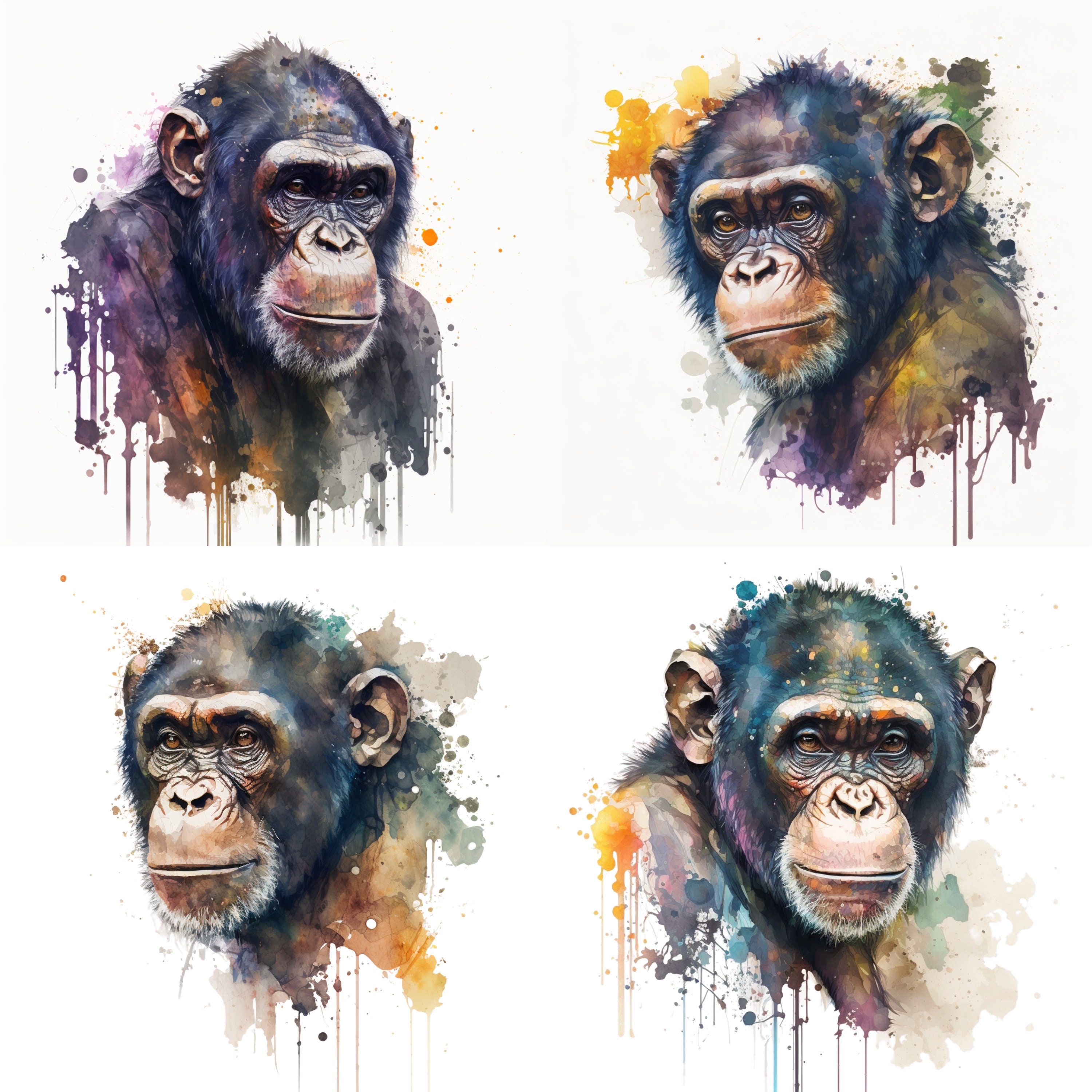 Watercolor Chimpanzee Clipart Chimpanzee Decor Wall Art - Etsy