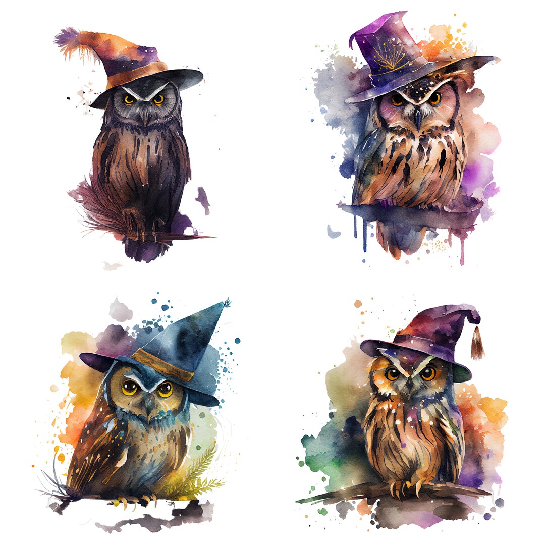 Owls in Witch Hats Digital Art Bundle, Halloween Clip Art, Commercial ...