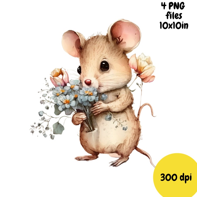 Watercolor Mouse and Flower Mouse and Flower PNG Digital - Etsy