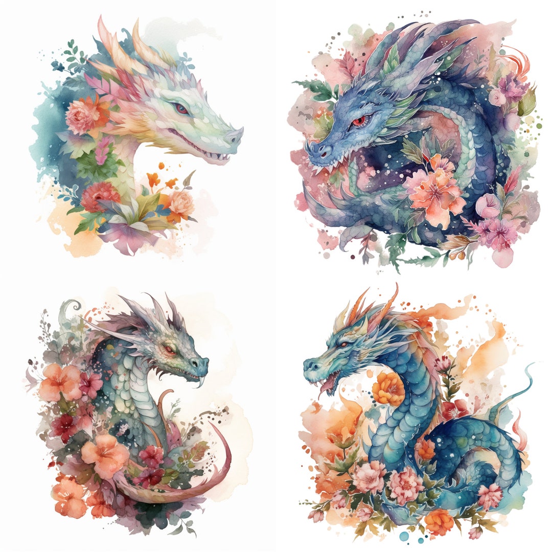 Floral Dragons Clipart, 300 DPI Pngs, Fantasy Dragon, Instant Digital ...