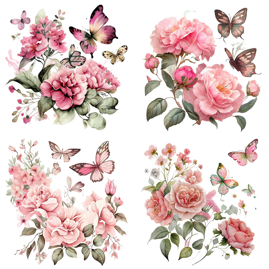 Shabby Chic Pink Flowers and Butterflies Wall Art Instant Digital ...