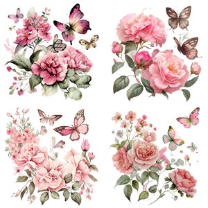 Shabby Chic Pink Flowers and Butterflies Wall Art Instant Digital ...
