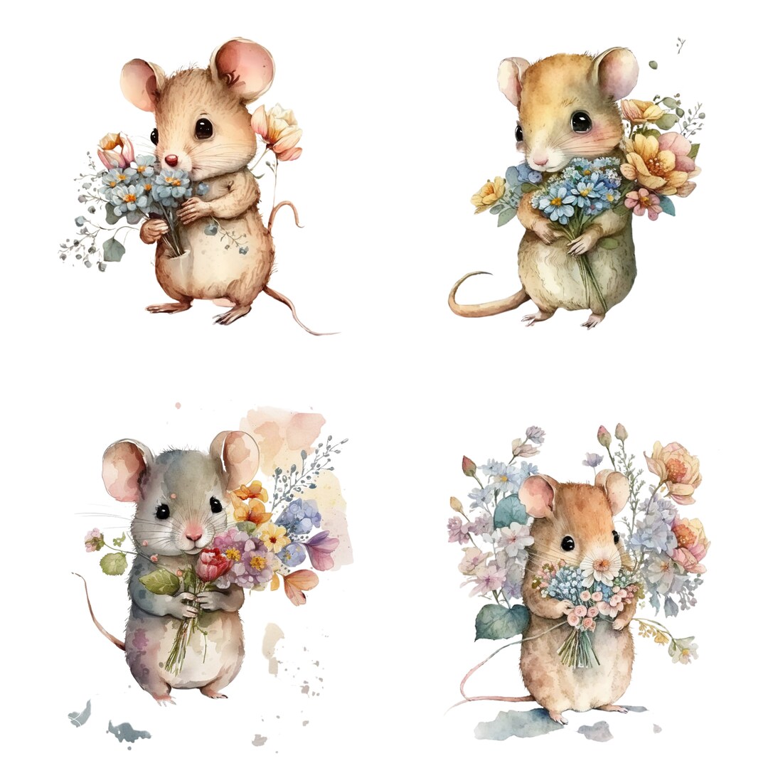 Watercolor Mouse and Flower, Mouse and Flower PNG, Digital Download ...