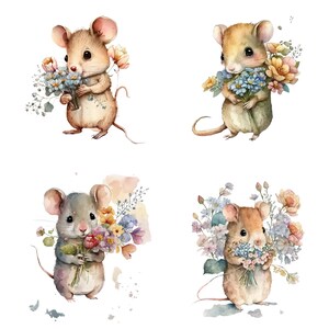 Watercolor Mouse and Flower Mouse and Flower PNG Digital - Etsy