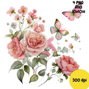 Shabby Chic Pink Flowers and Butterflies Wall Art Instant Digital ...