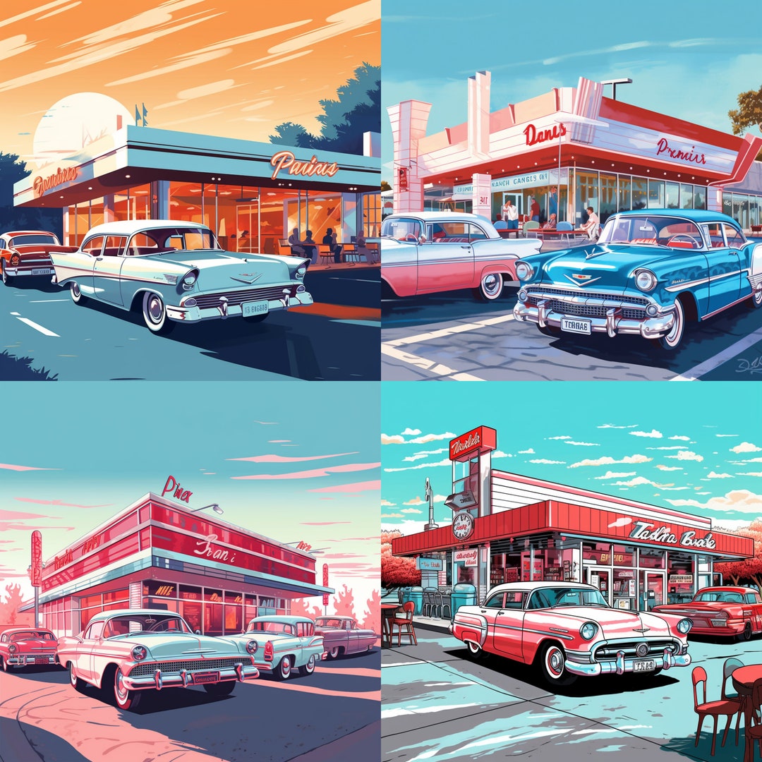 Retro Digital Art, Vintage Illustration of Classic 1950s Diner With ...