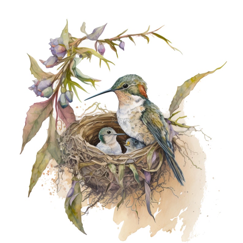 Mom and Baby Hummingbird in Nest Clipart Watercolor Bird in - Etsy