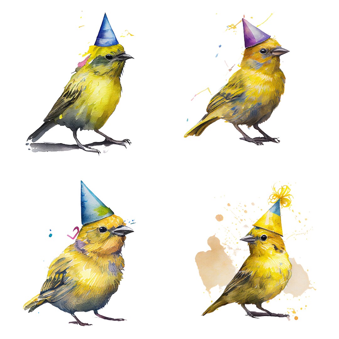Birthday Canary in Birthday Hats, Printable Digital Image Bundle ...