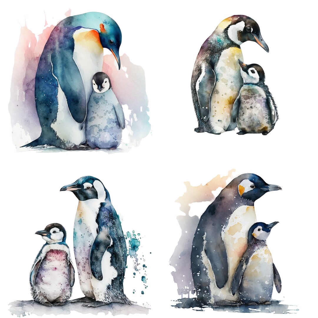 Mom and Baby Penguin Watercolor Clipart, Penguin Watercolor, Penguin ...