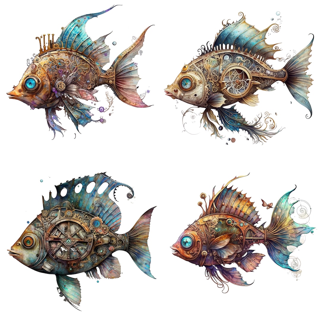 Watercolor Steampunk Fish, Steampunk Fish Clipart, Sublimation ...