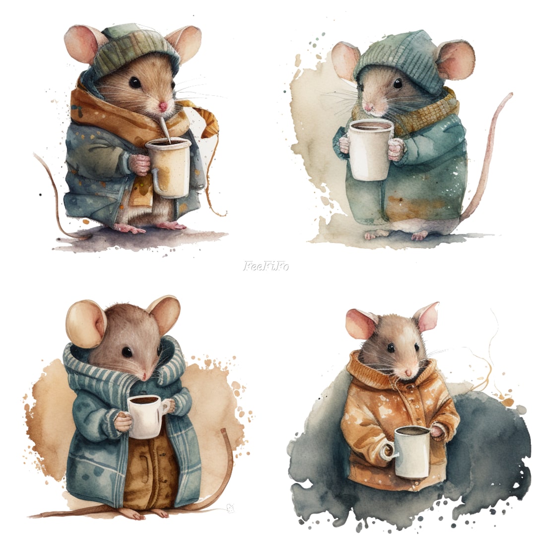 Cold Mouse Clipart, Watercolor Mice Drinking, Printable Digital ...