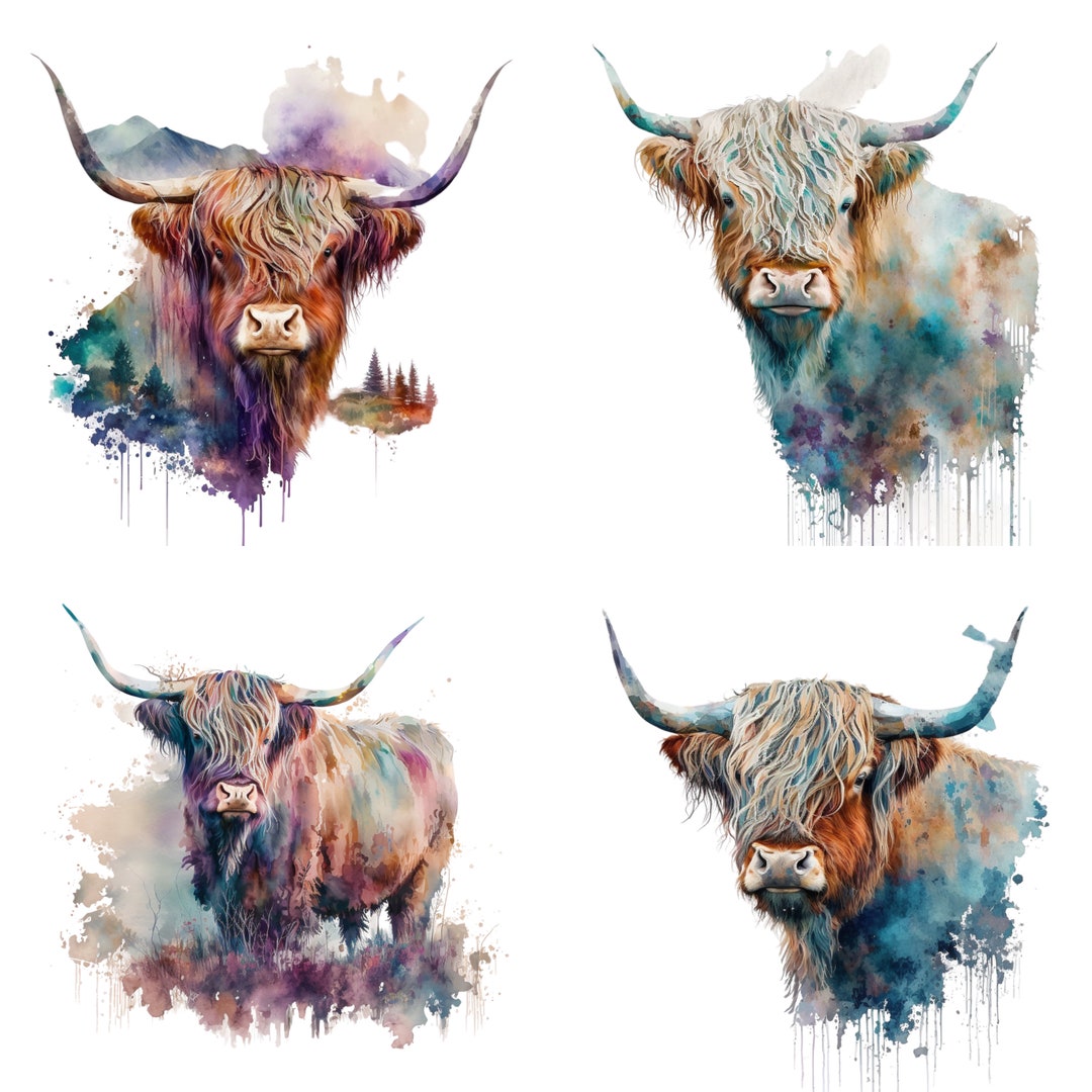 Watercolor Highland Cow Clipart, Highland Cow Decor Wall Art, Highland ...