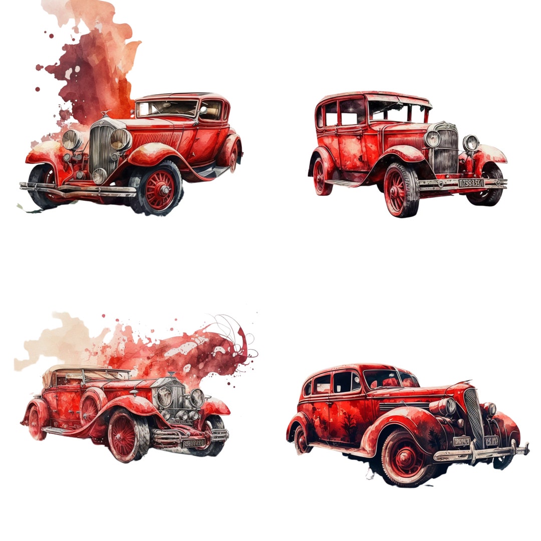 Red Vintage Car, Old Cars Clipart, Watercolor Vintage Car, Printable ...