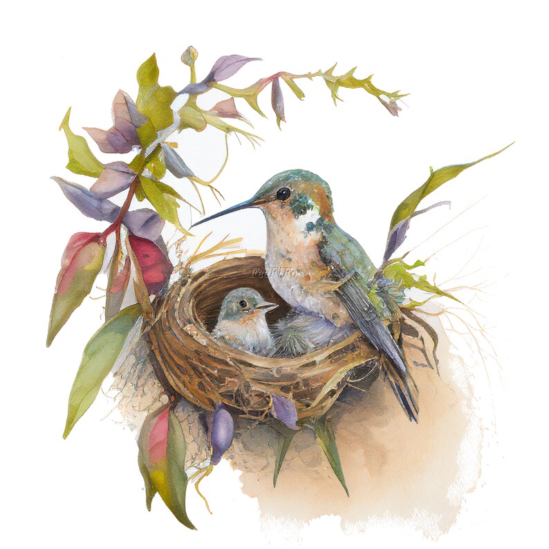 Mom and Baby Hummingbird in Nest Clipart Watercolor Bird in - Etsy