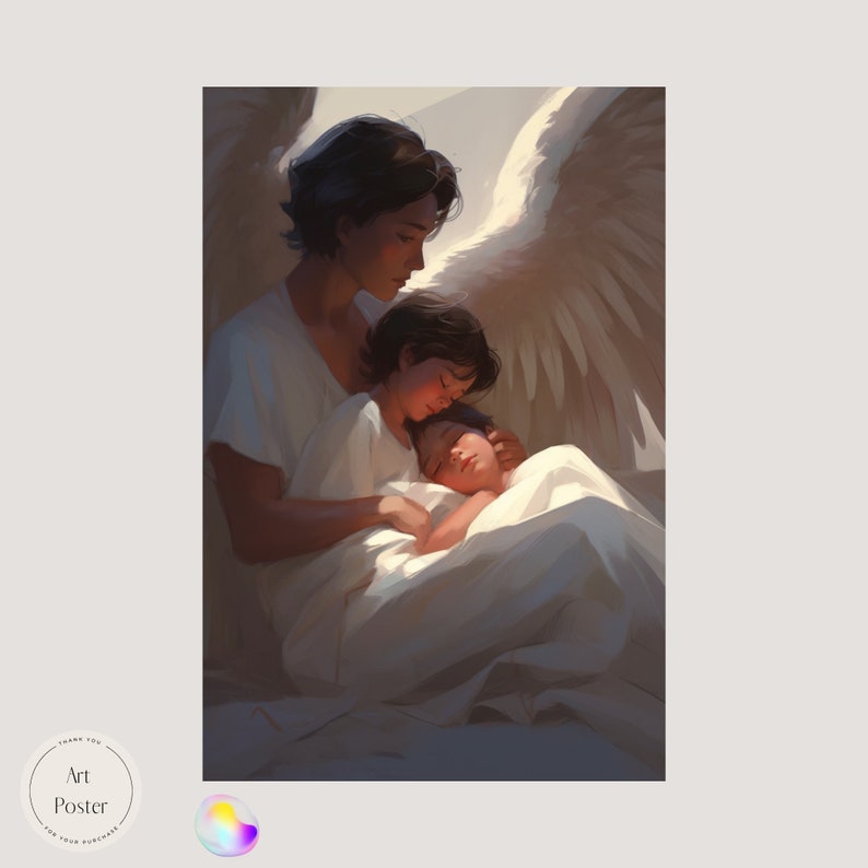 Guardian Angel Watching Over Child, Spiritual Art Print, Kids Room ...