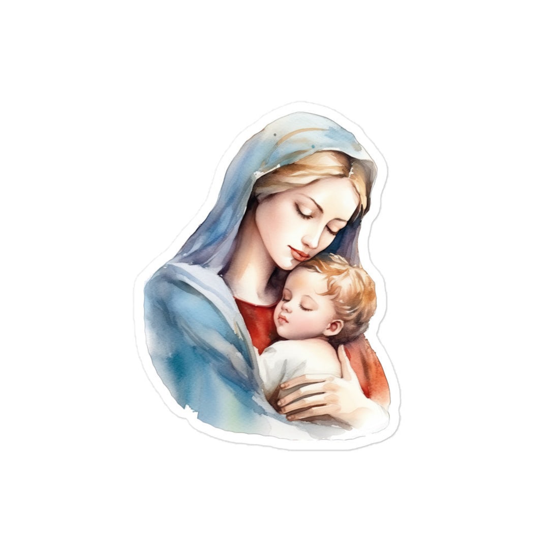 Gentle Mother Mary Cradling Baby Jesus Vinyl Sticker | Kiss-cut ...