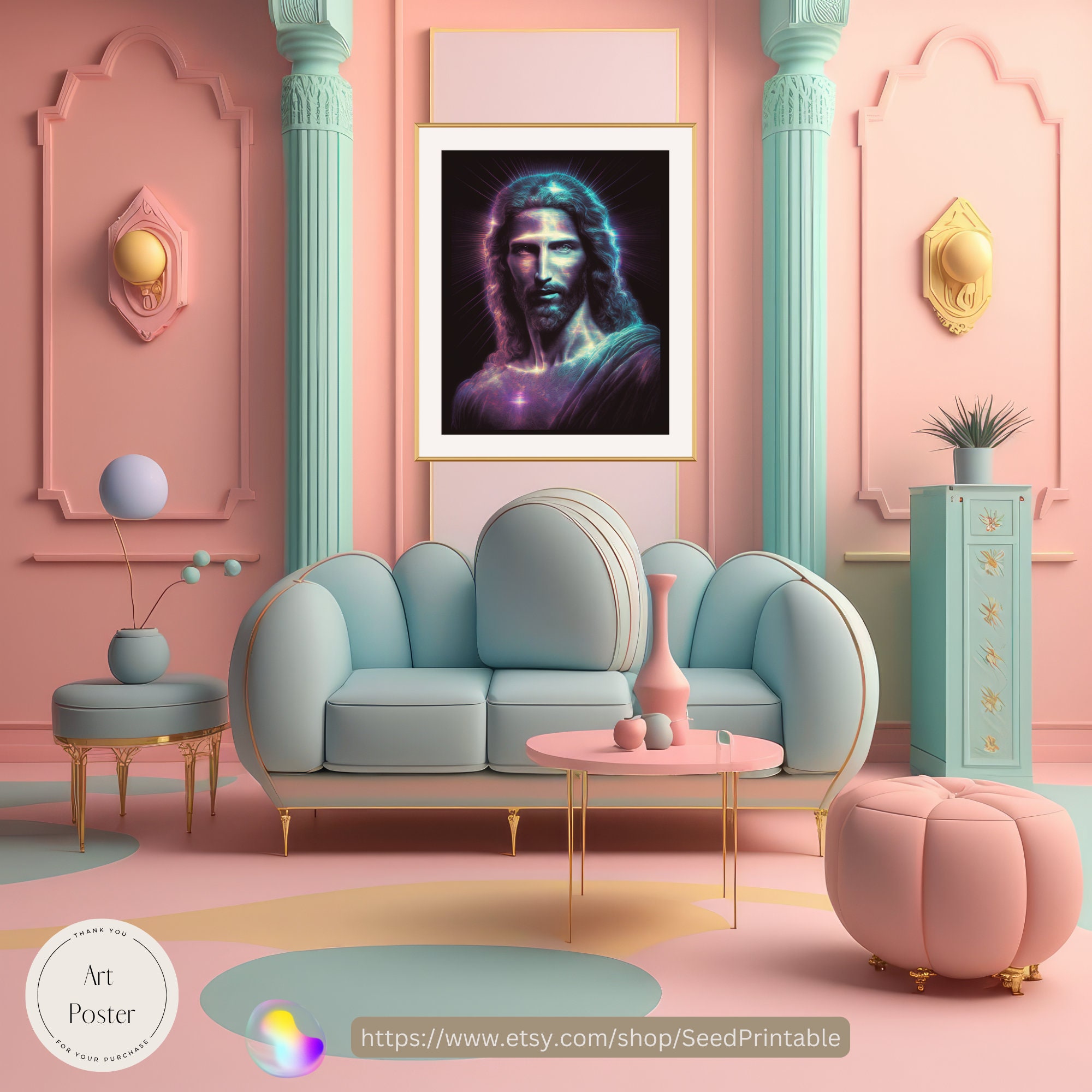 Jesus Christ Portrait Illustration Poster Holographic Jesus Spiritual ...