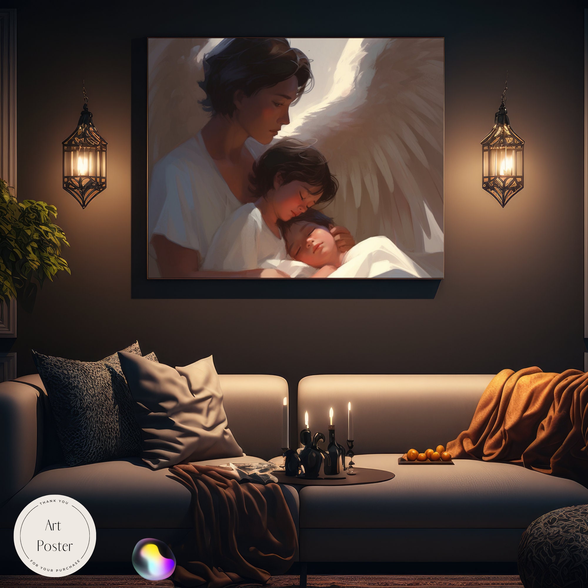 Guardian Angel Watching Over Child, Spiritual Art Print, Kids Room ...