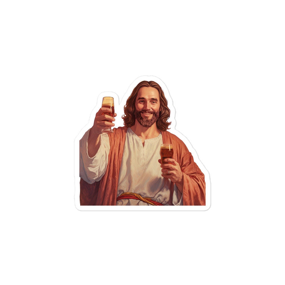 Cheering Jesus With Beer Sticker | Jesus Christ Decal | Kiss-cut ...