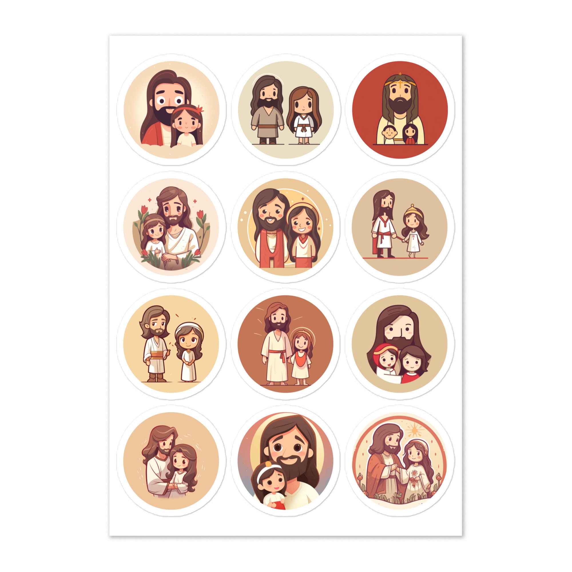 Cute Chibi Jesus With Little Girl Jesus Sticker Sheet Circle Stickers ...