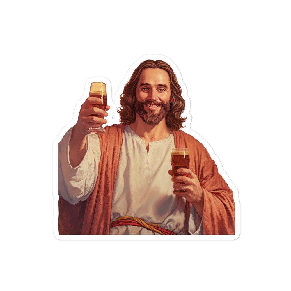Cheering Jesus With Beer Sticker | Jesus Christ Decal | Kiss-cut ...