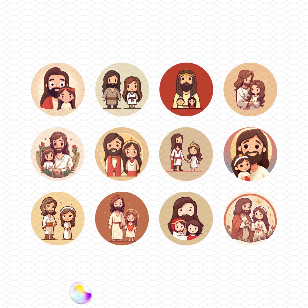 Cute Chibi Jesus With Little Girl | Jesus Sticker Sheet - Circle ...