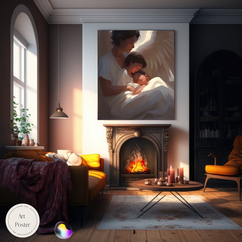 Guardian Angel Watching Over Child, Spiritual Art Print, Kids Room ...