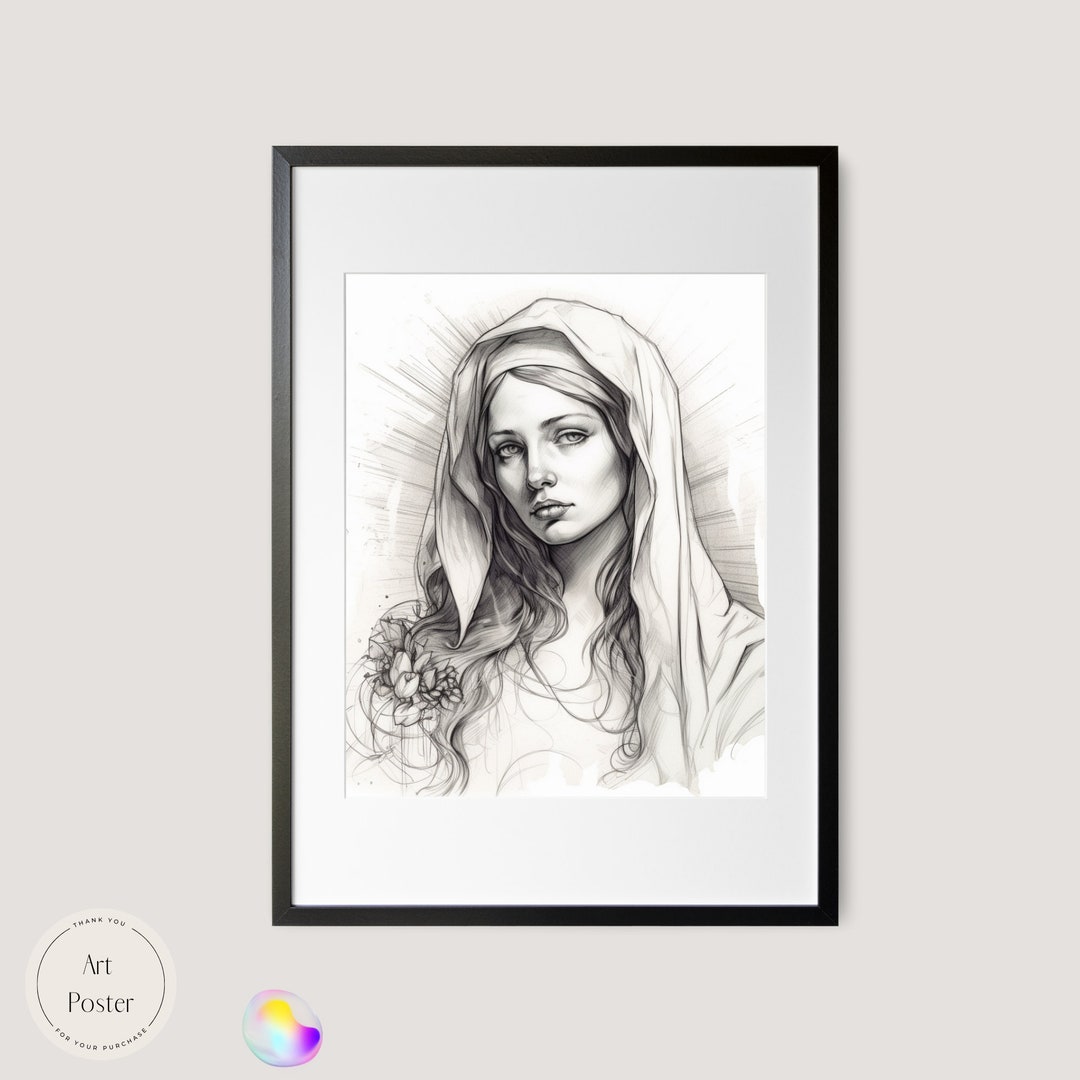 Mother Mary Portrait Pencil Sketch: Serene and Peaceful Art for Your ...
