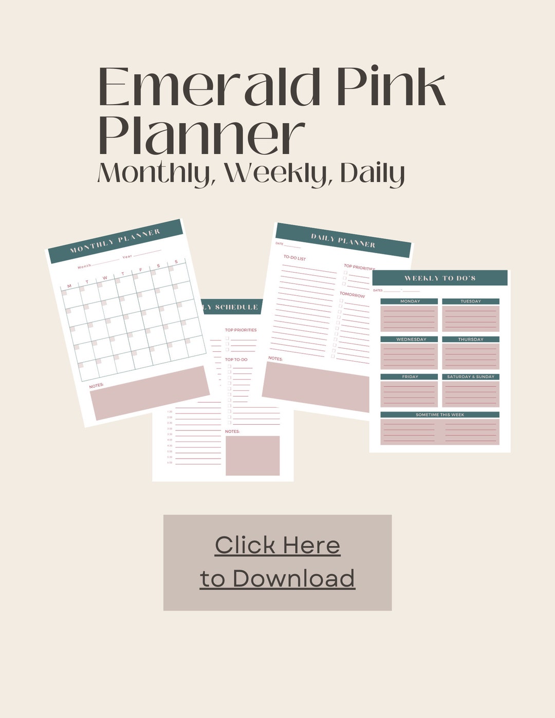 Daily, Weekly, and Monthly Emerald Green Blush Pink Planner. Instant ...