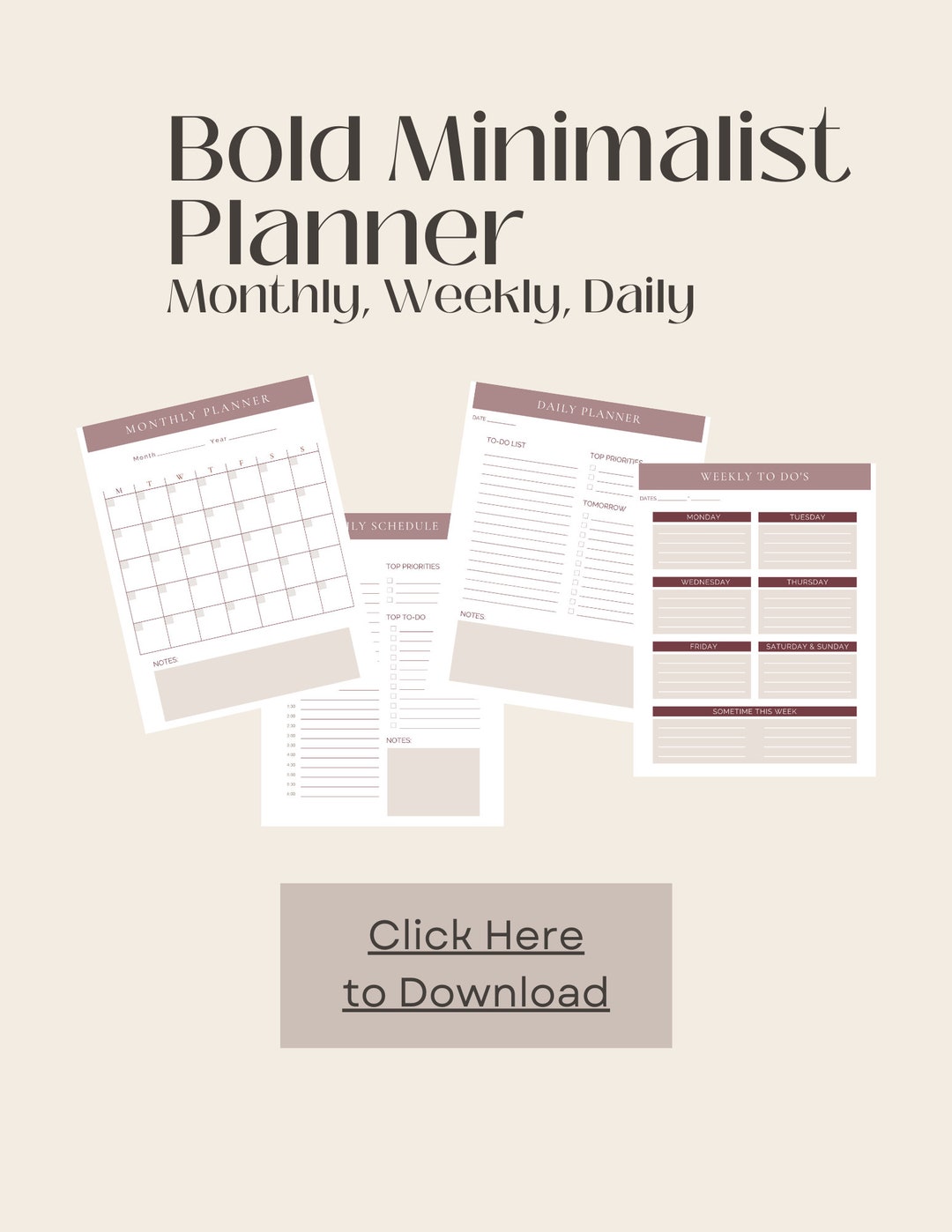 Daily, Weekly, and Monthly Bold Minimalist Mauve Planner. Instant ...