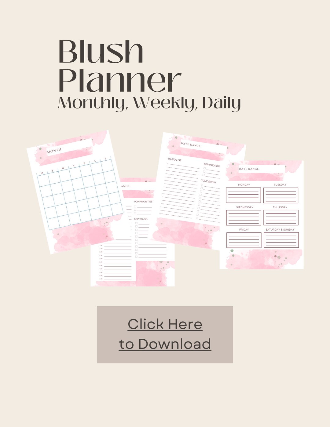 Daily, Weekly, and Monthly Pink Blush Watercolor Planner. Instant ...