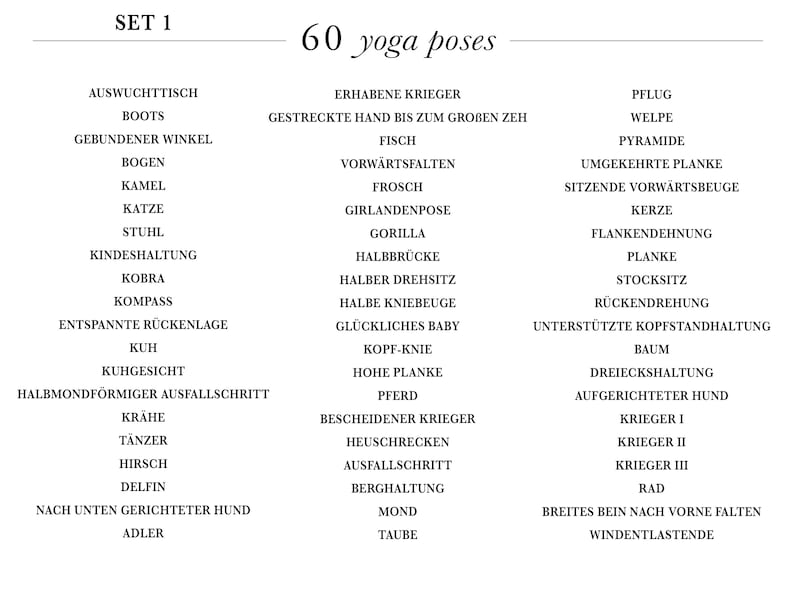 German Yoga Pose Flashcards BUNDLE | 120 Cards - Sets 1 and 2 | German ...