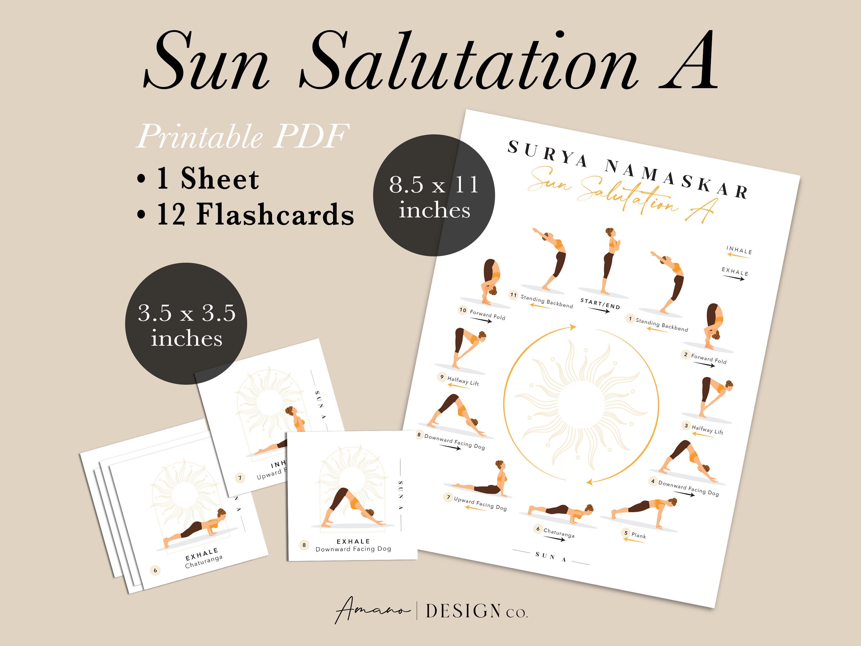 Yoga Sun Salutation A - Surya Namaskar | Printable/digital PDF 3.5x3.5 ...