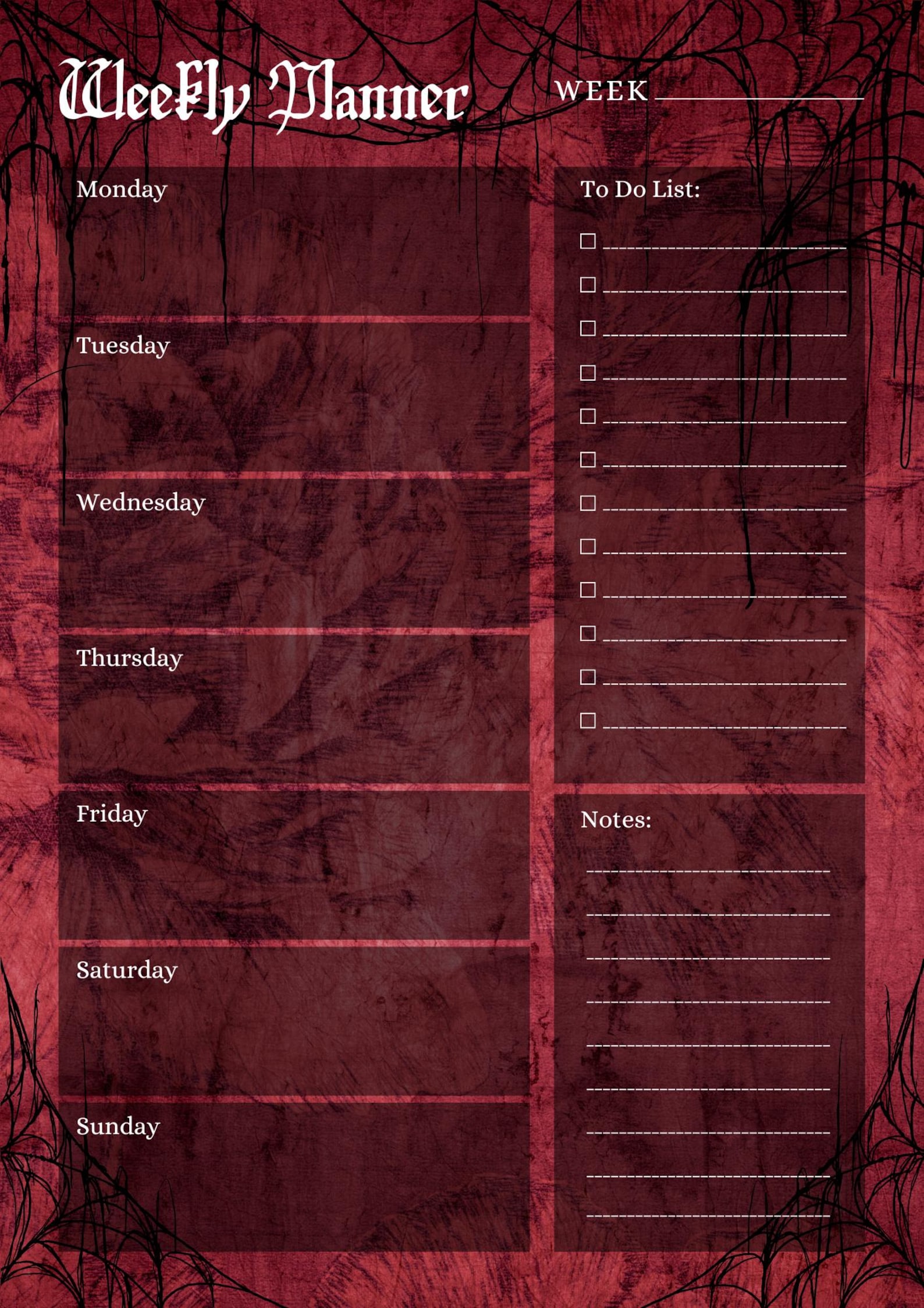 GOTHIC WEEKLY PLANNER - Etsy