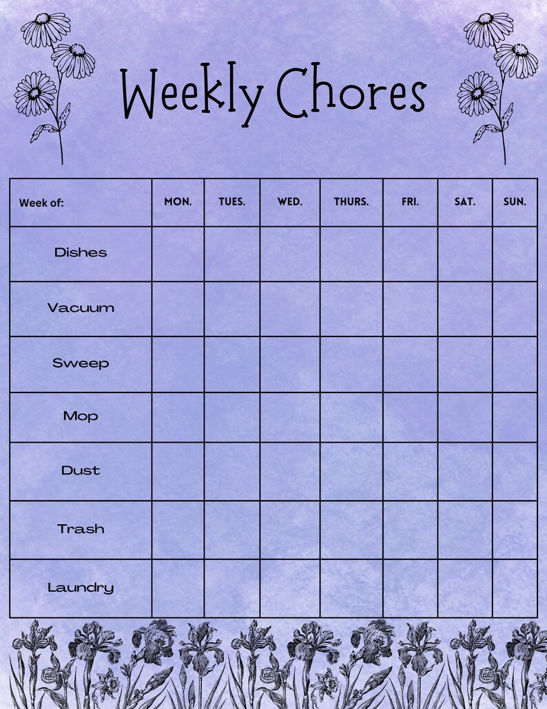 Weekly Chore Chart Checklist - Etsy