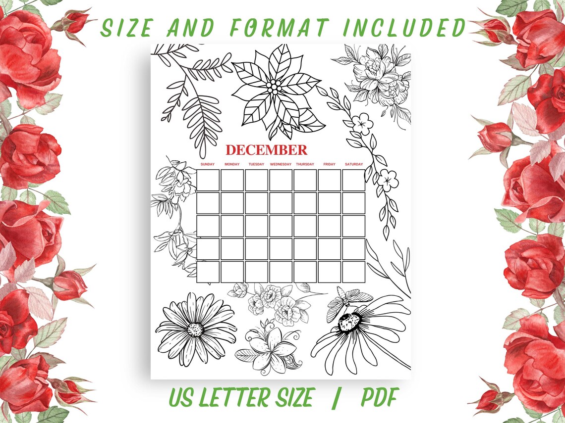 Floral Coloring Calendar, Undated Coloring Calendar, Flower Calendar ...