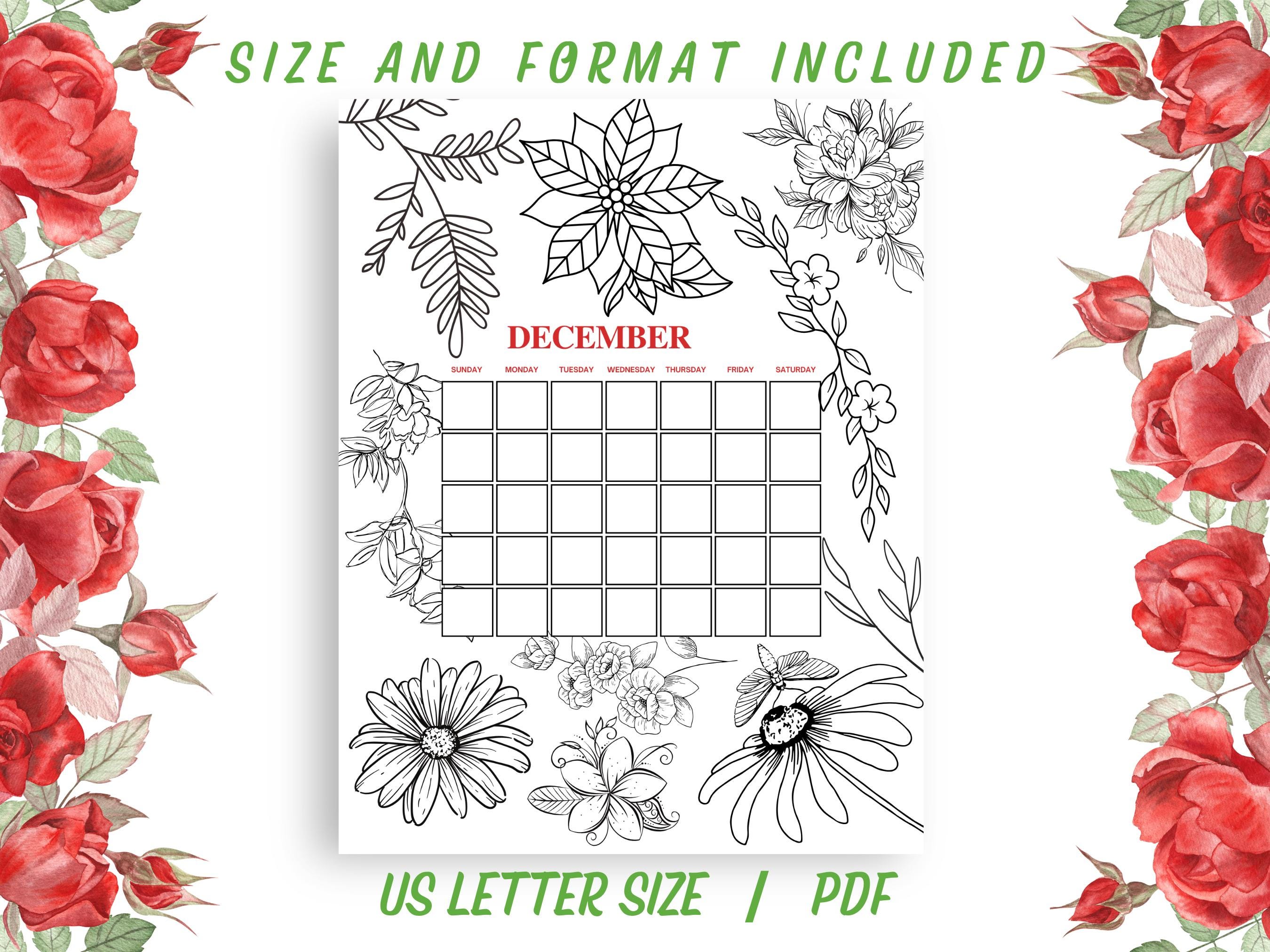 Floral Coloring Calendar, Undated Coloring Calendar, Flower Calendar ...
