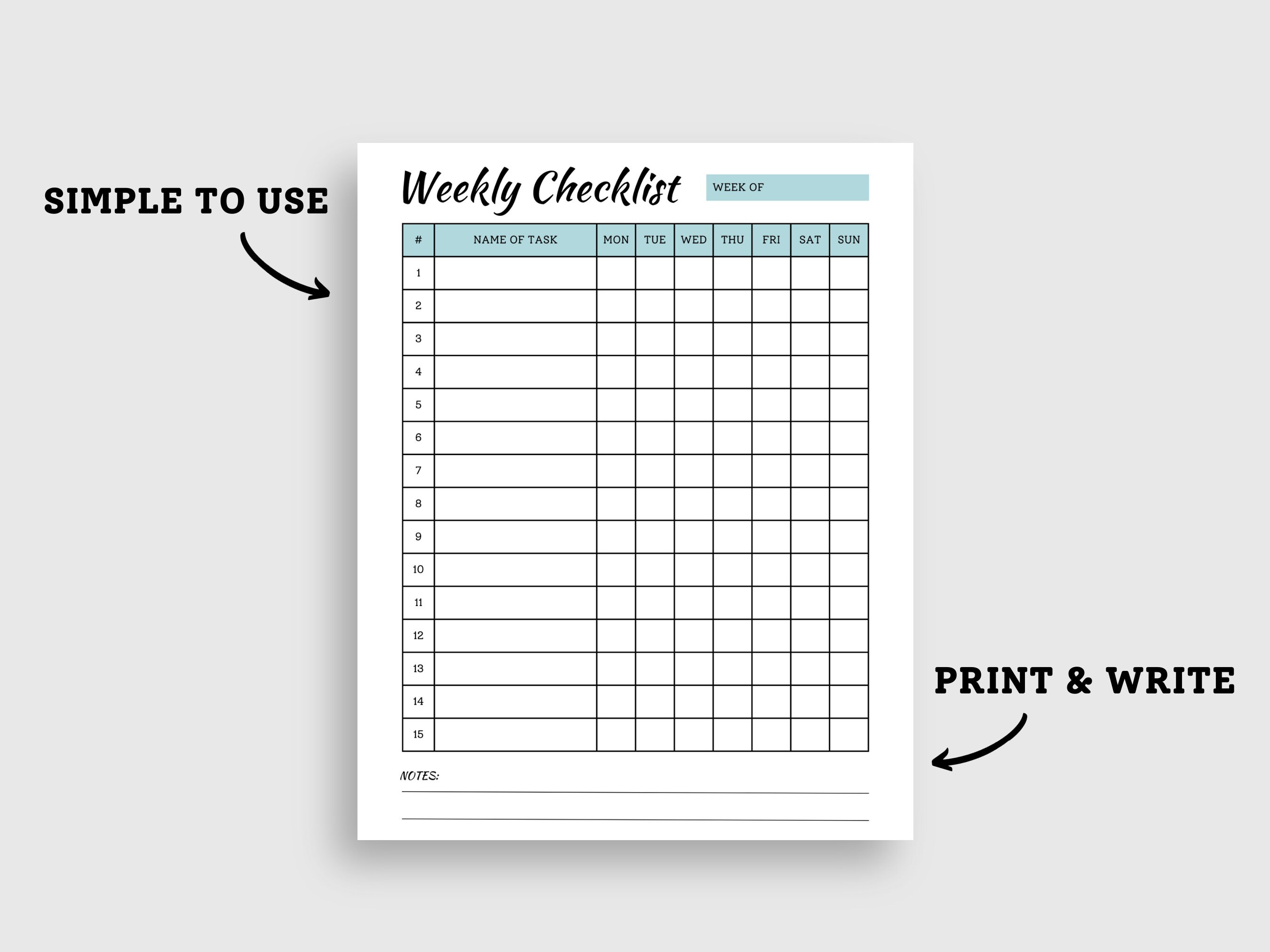 Weekly Checklist Planner, Checklist Planner, to Do List, Weekly Planner ...