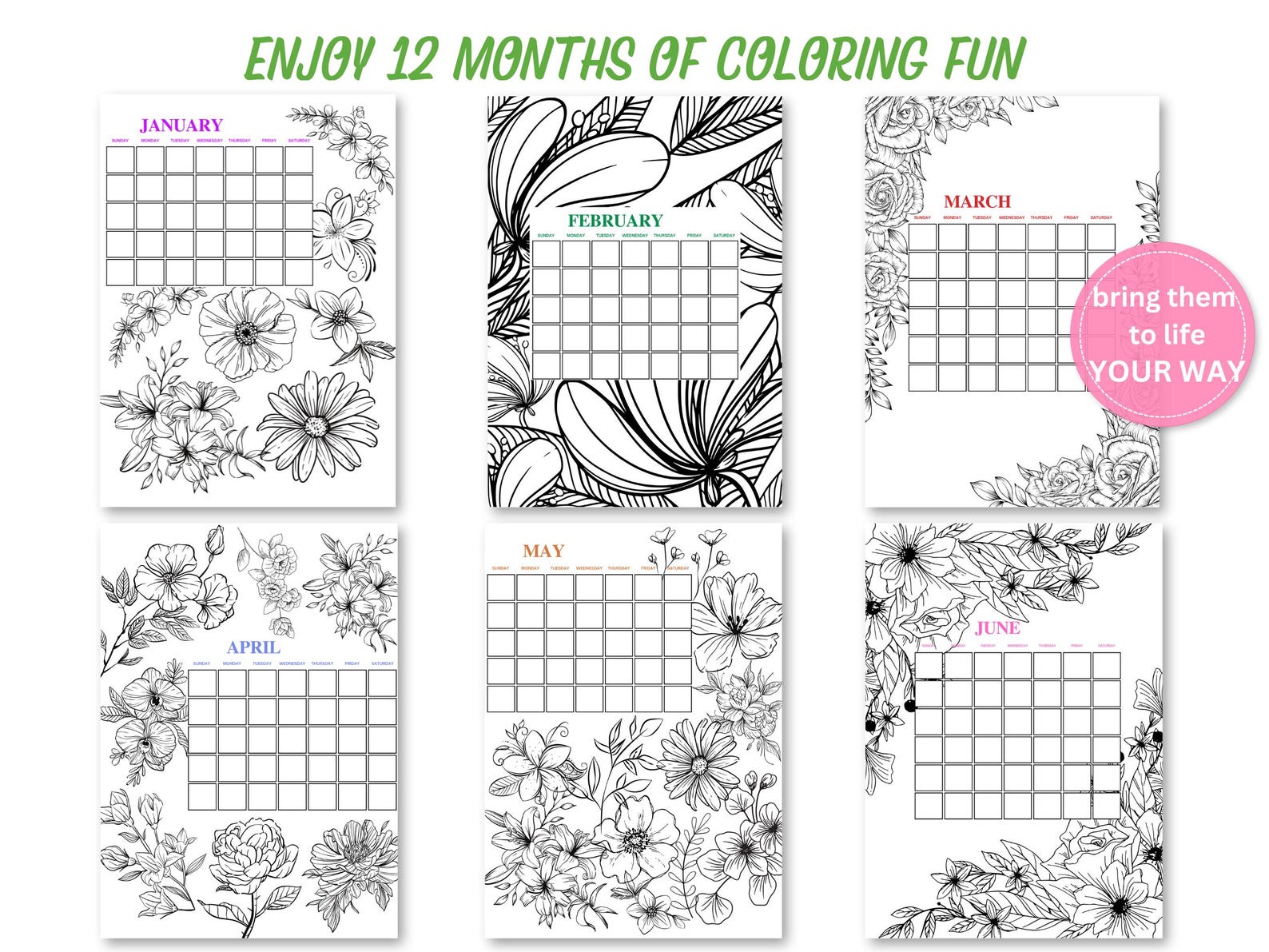 Floral Coloring Calendar, Undated Coloring Calendar, Flower Calendar ...