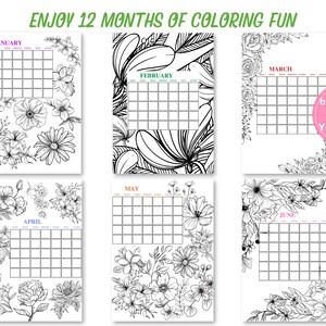Floral Coloring Calendar, Undated Coloring Calendar, Flower Calendar ...