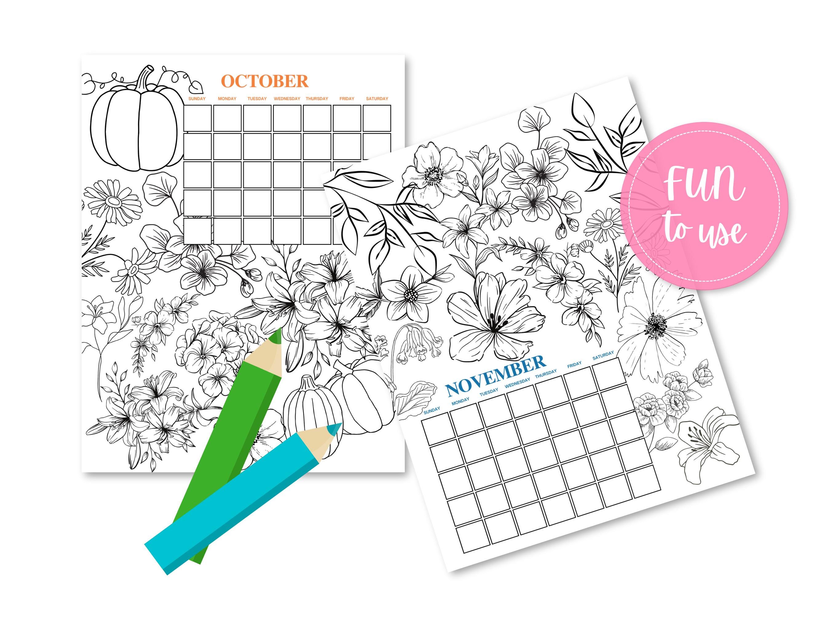 Floral Coloring Calendar, Undated Coloring Calendar, Flower Calendar ...