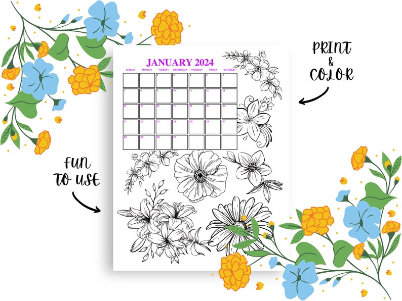 Floral Coloring Calendar 2024, Coloring Calendar, Flower Calendar, 2024 ...