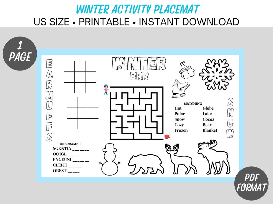 Winter Activity Placemats, Coloring Placemats, Printable Activity ...