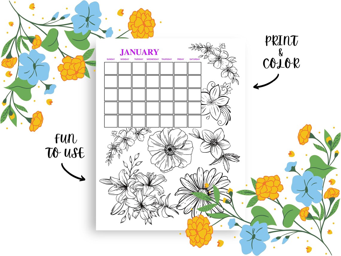 Floral Coloring Calendar, Undated Coloring Calendar, Flower Calendar ...
