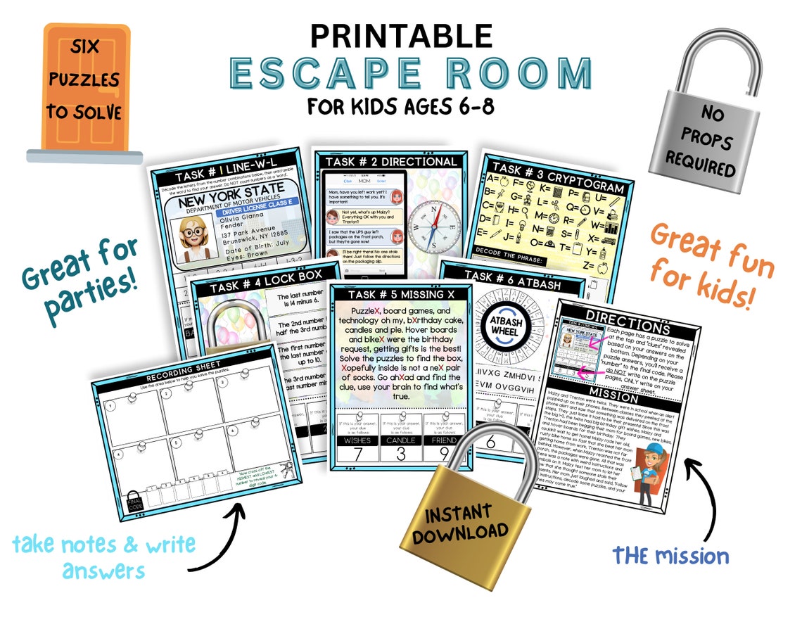 Escape Room for Kids, Printable Party Games, Birthday Bash Escape Room ...