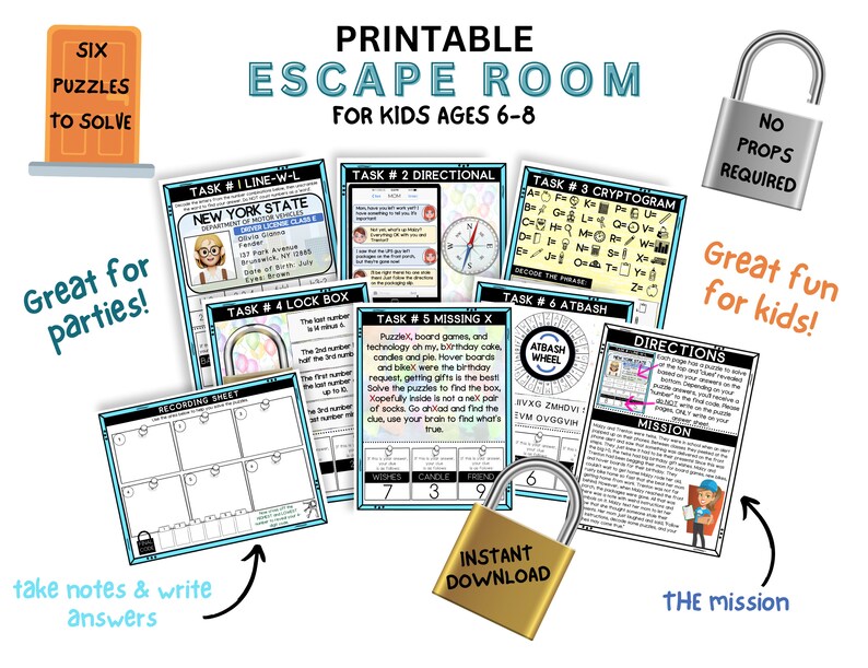 Escape Room for Kids, Printable Party Games, Birthday Bash Escape Room ...