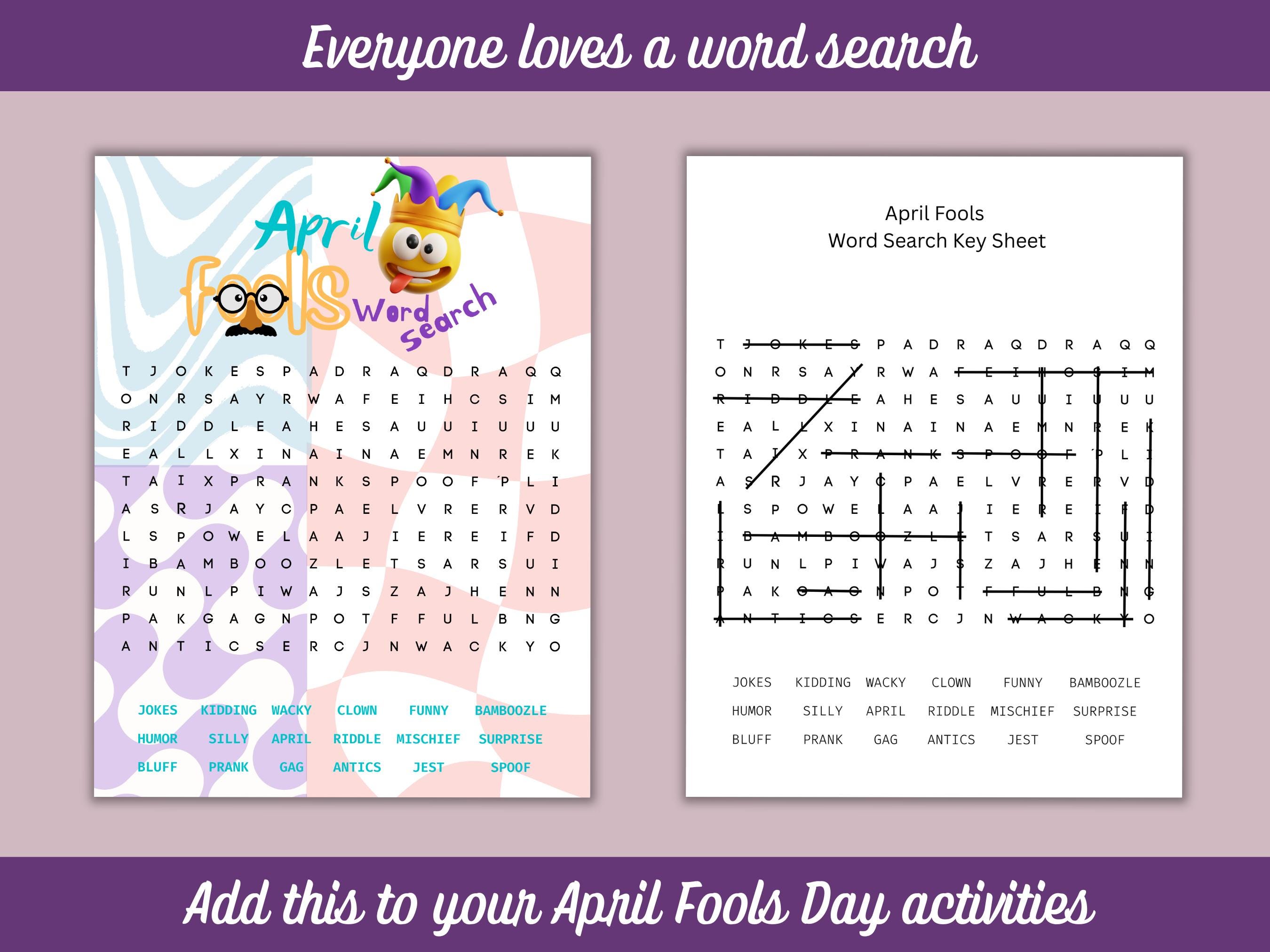 April Fools Day Word Search, Printable Games, Wordsearch - Etsy